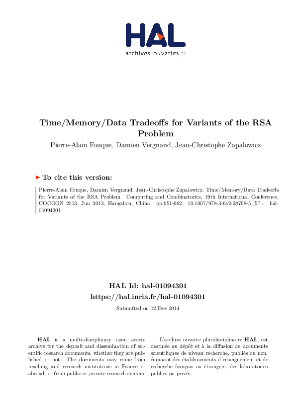 (PDF) Time/Memory/Data Tradeoffs for Variants of the RSA Problem