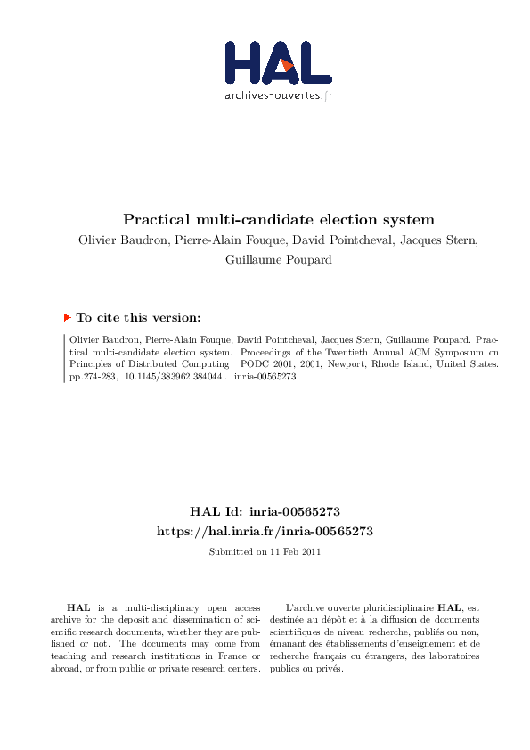 (PDF) Practical multi-candidate election system | Pierre-alain Fouque - Academia.edu