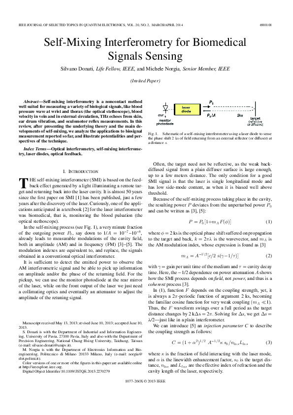 (PDF) Self-Mixing Interferometry for Biomedical Signals Sensing