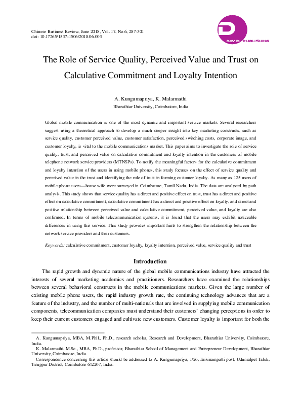 (PDF) The Role of Service Quality, Perceived Value and Trust on Calculative Commitment and ...