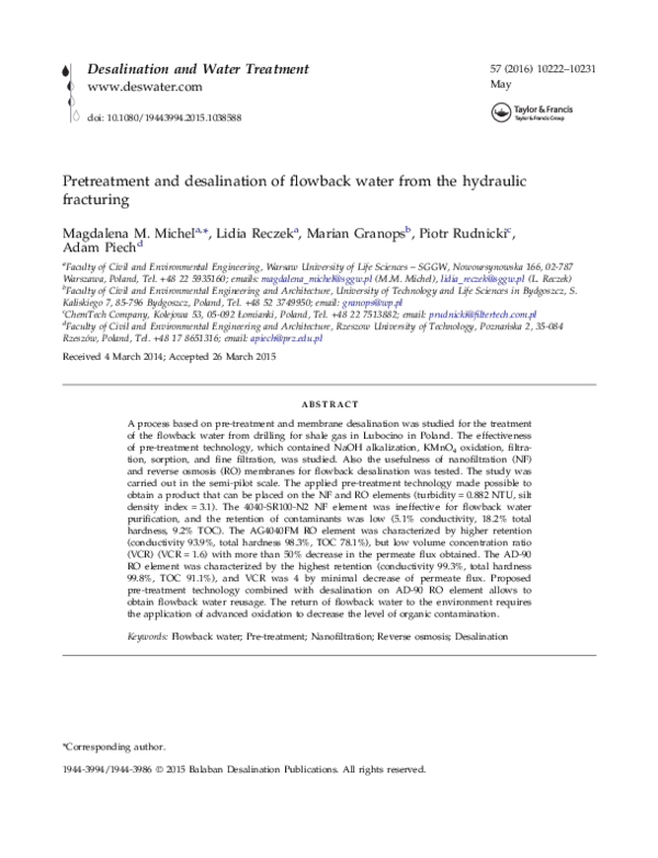 (PDF) Pretreatment and desalination of flowback water from the ...