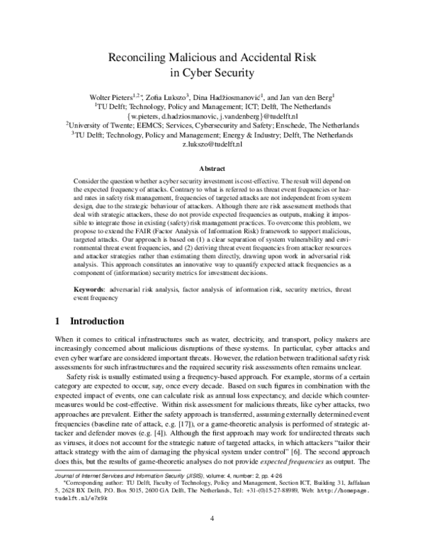 (PDF) Reconciling malicious and accidental risk in cyber security
