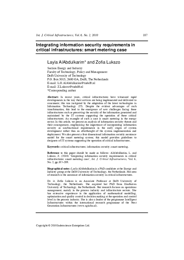 (PDF) Integrating information security requirements in critical infrastructures: smart metering case