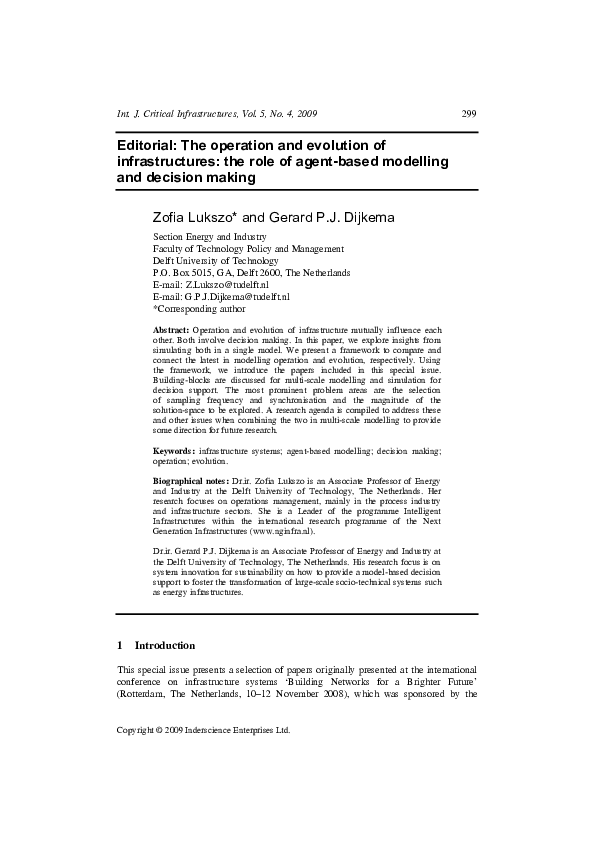 Pdf Editorial The Operation And Evolution Of Infrastructures The Role Of Agent Based