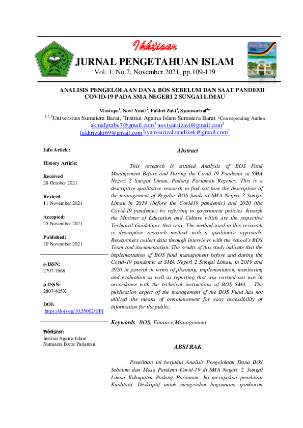 (PDF) Analysis of Bos Fund Management Before and During the COVID-19 Pandemic at Sma Negeri 2 ...