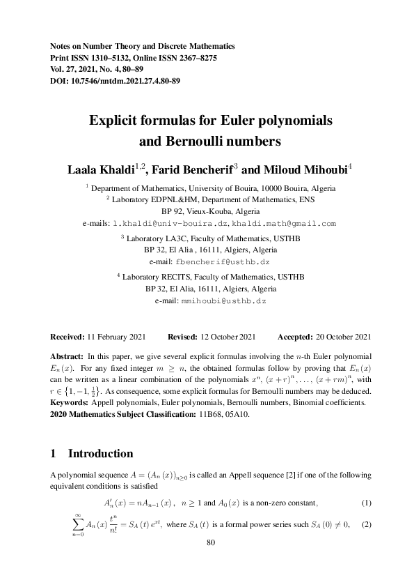 Pdf Explicit Formulas For Euler Polynomials And Bernoulli Numbers