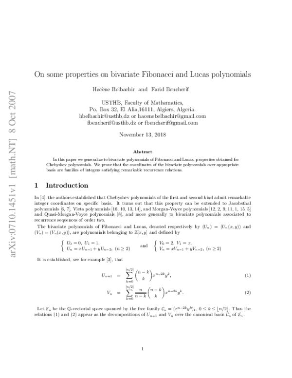 Pdf On Some Properties On Bivariate Fibonacci And Lucas Polynomials