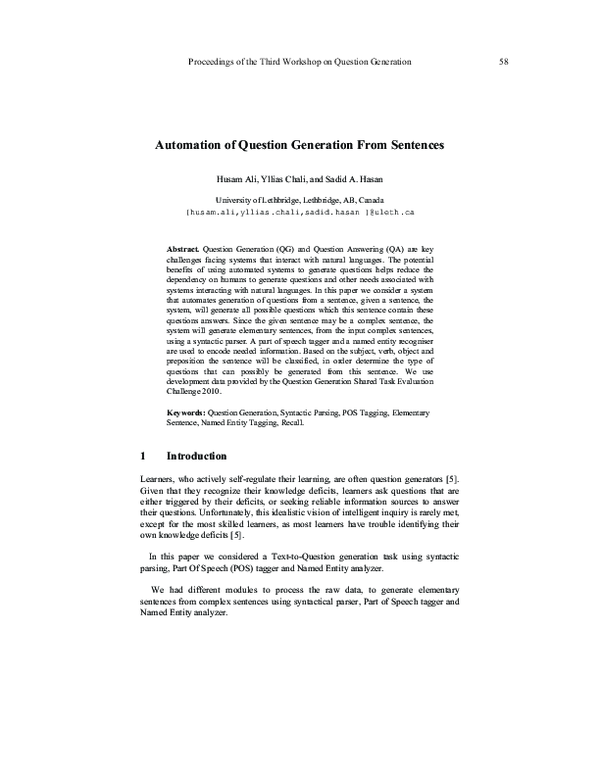 (PDF) Automation of Question Generation From Sentences