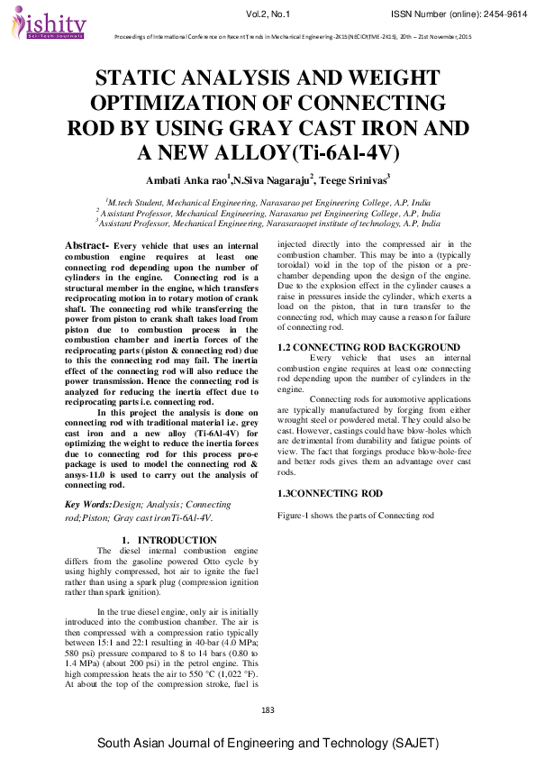 (PDF) Static Analysis and Weight Optimization of Connecting Rod by Using Gray Cast Iron and