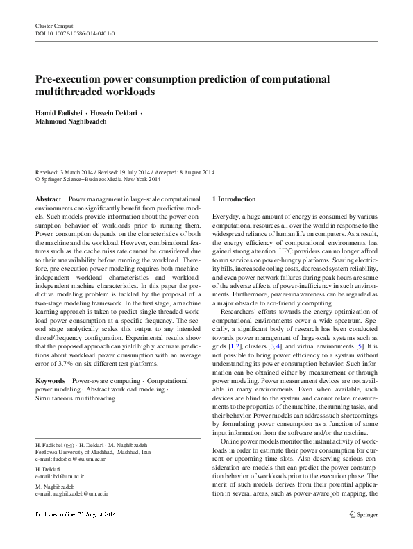 Pre Execution Power Consumption Prediction Of Computational Multithreaded Workloads 
