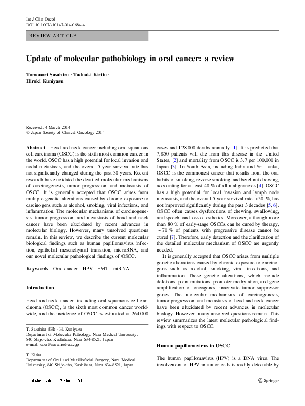 (PDF) Update of molecular pathobiology in oral cancer: a review
