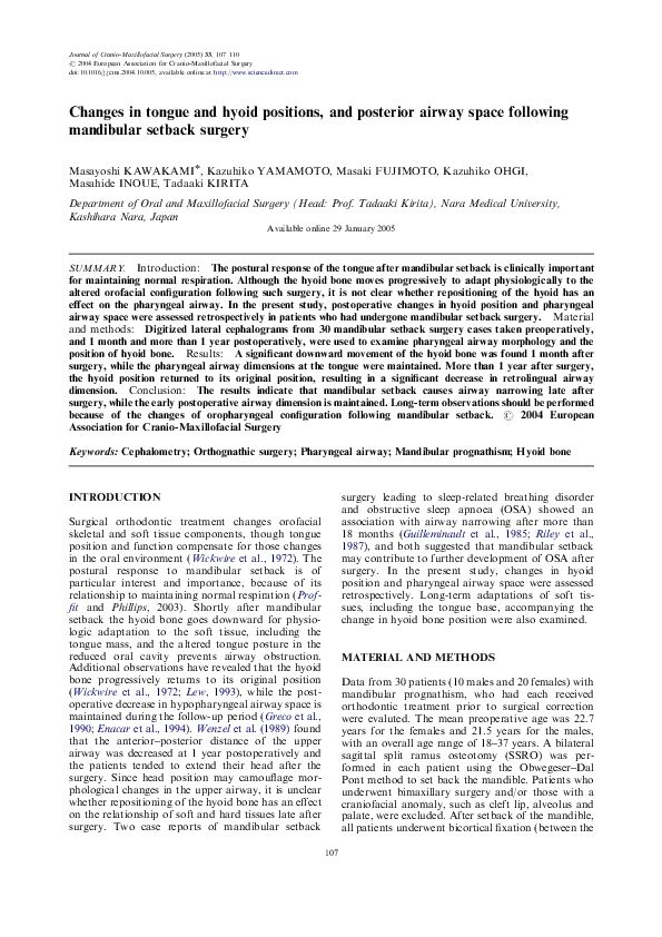 Pdf Changes In Tongue And Hyoid Positions And Posterior Airway Space
