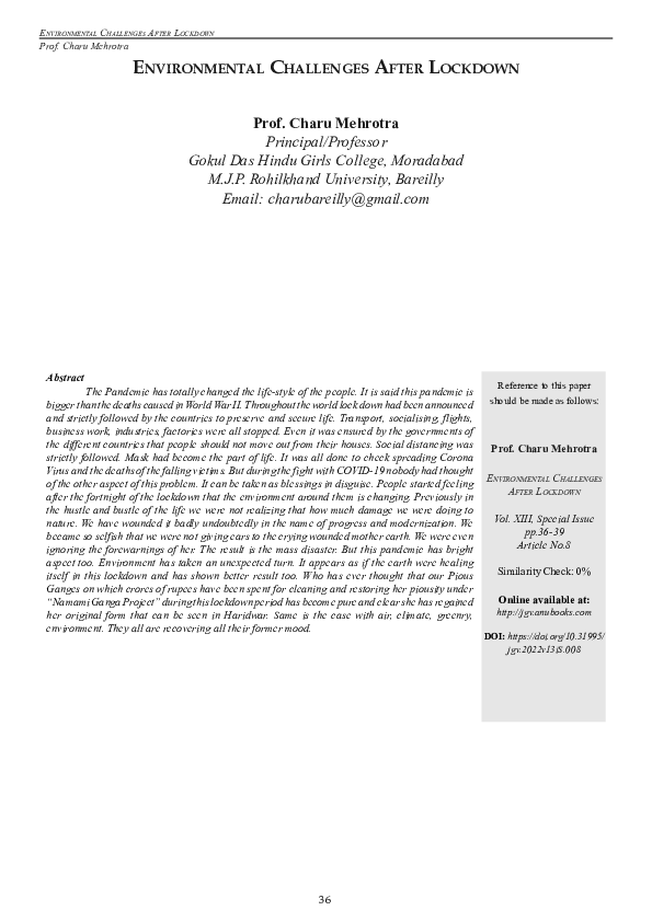 (PDF) ENVIRONMENTAL CHALLENGES AFTER LOCKDOWN