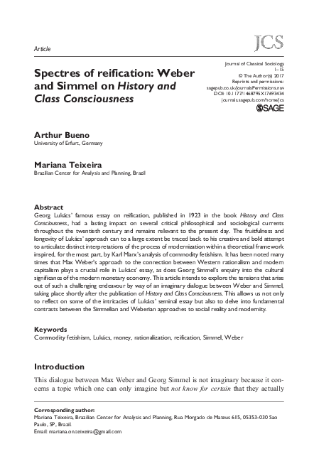(PDF) Spectres of reification: Weber and Simmel on History and Class ...