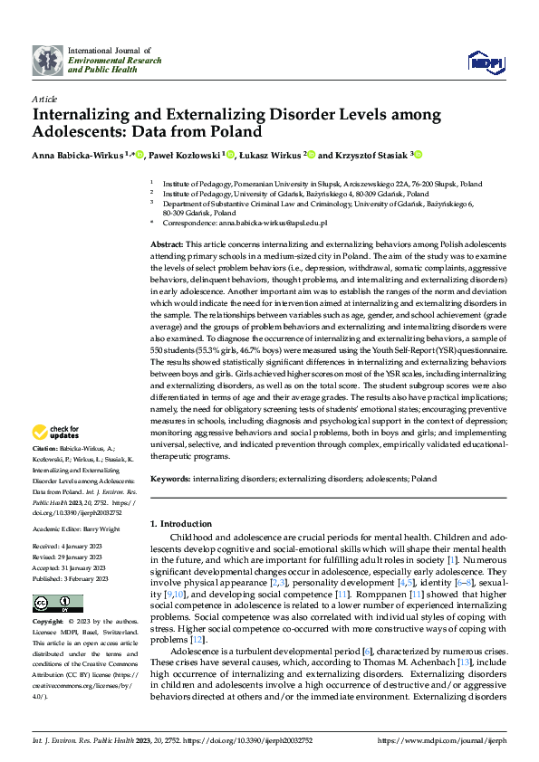 (PDF) Internalizing and Externalizing Disorder Levels among Adolescents: Data from Poland