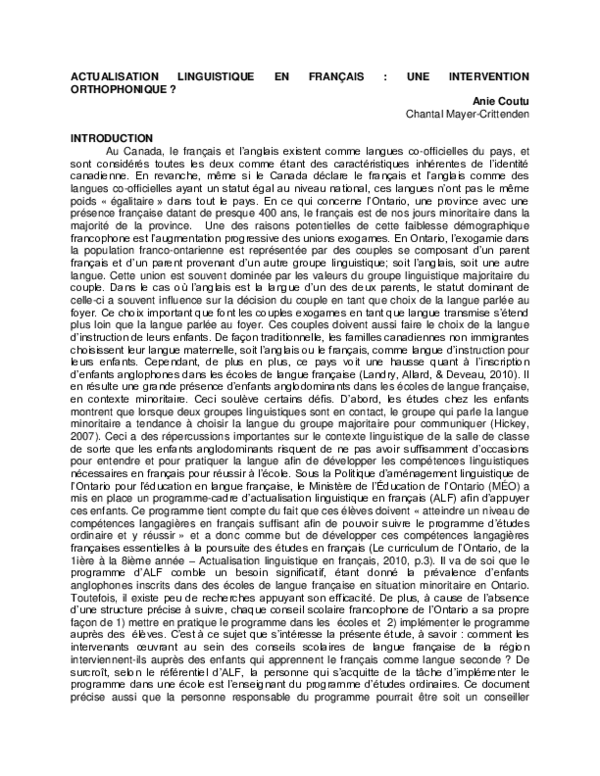 (PDF) Actualisation Linguistique en Français : Une Intervention ...