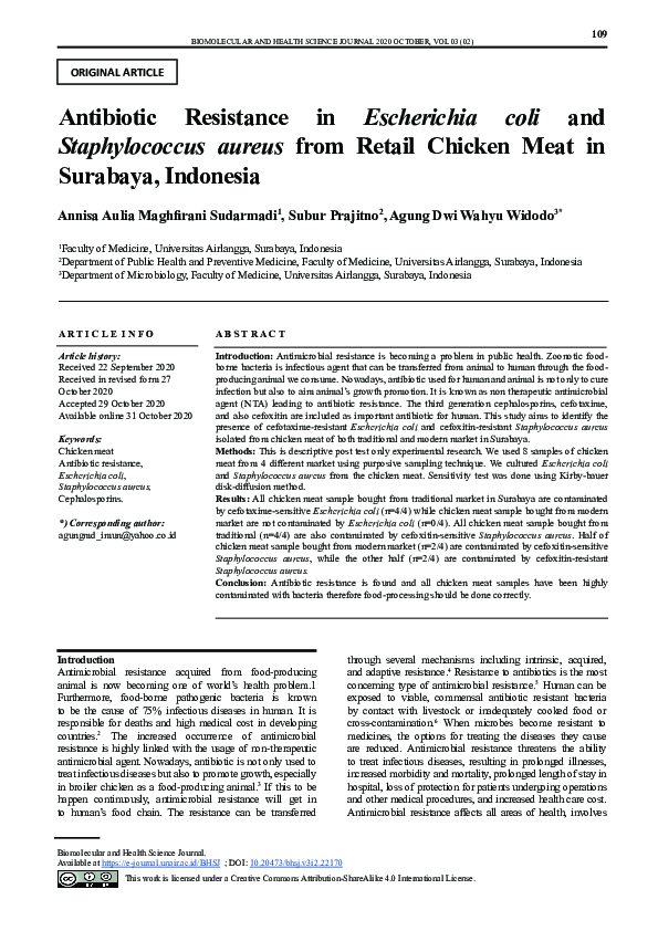 (PDF) Antibiotic Resistance in Escherichia coli and Staphylococcus aureus from Retail Chicken ...