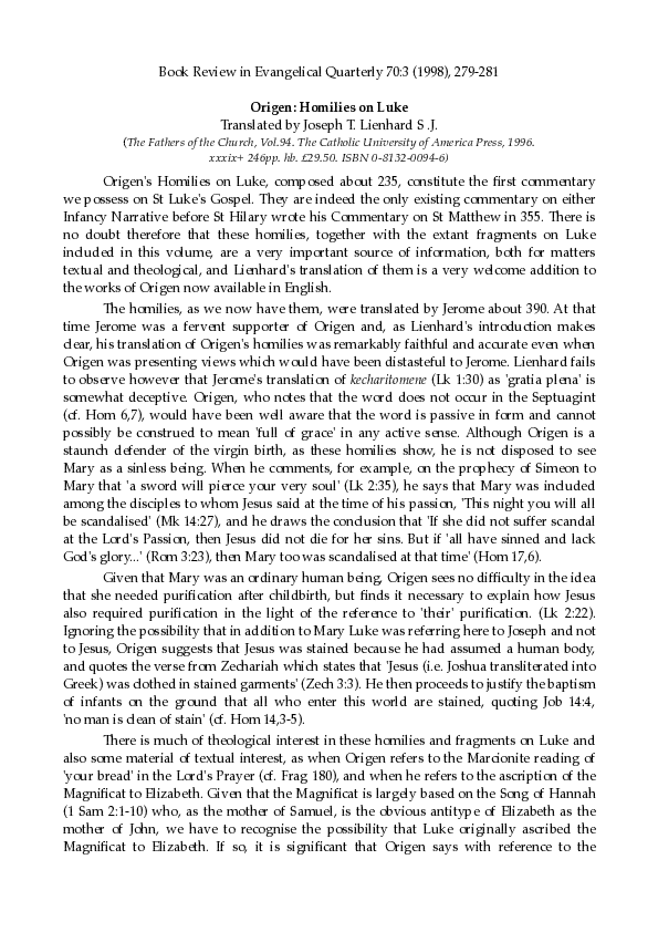 (PDF) Origen: Homilies on Luke Translated by Joseph T. Lienhard S.J ...