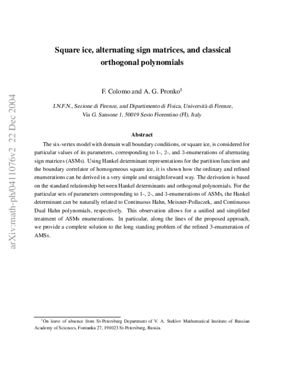 (PDF) Square ice, alternating sign matrices, and classical orthogonal ...