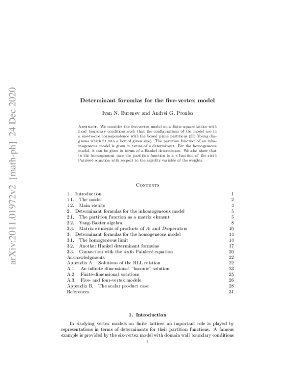 (PDF) Determinant formulas for the five-vertex model