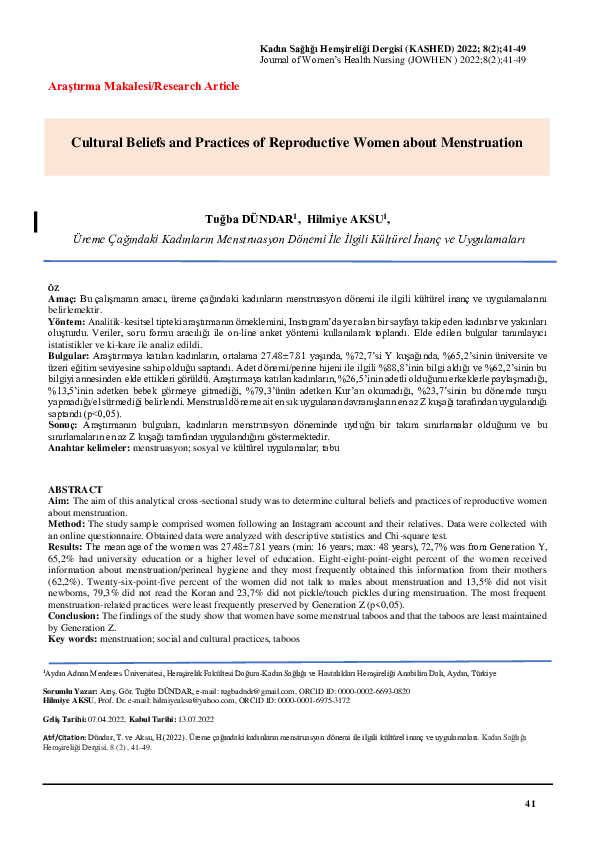 (PDF) Cultural Beliefs and Practices of Reproductive Women about Menstruation