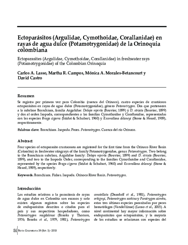 (PDF) Ectoparásitos (Argulidae, Cymothoidae, Corallanidae) en rayas de ...