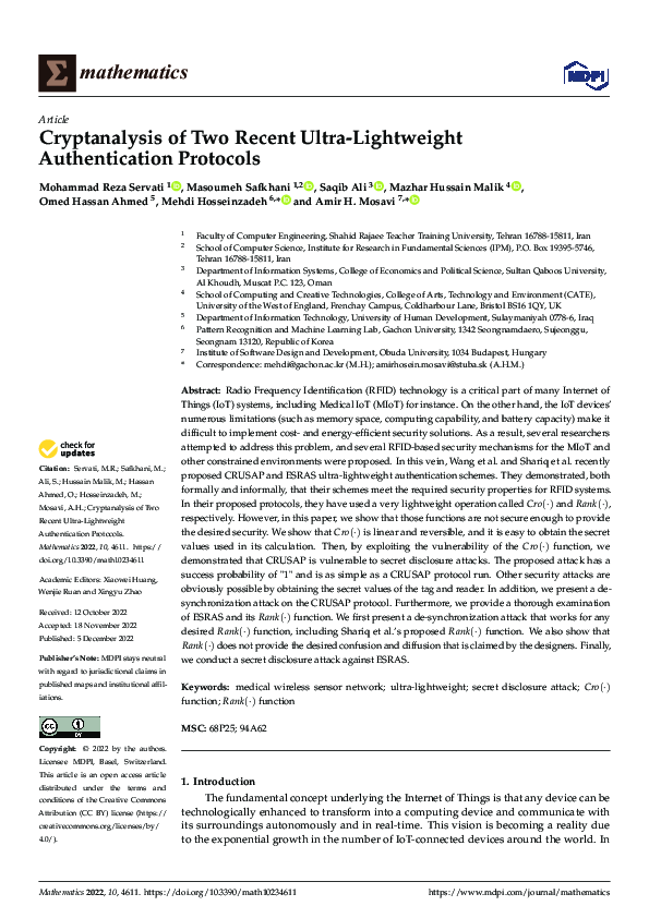 Pdf Cryptanalysis Of Two Recent Ultra Lightweight Authentication Protocols