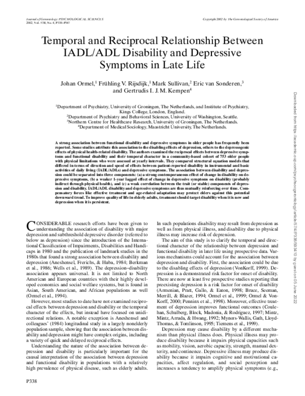 (PDF) Reciprocal Impacts of IADL/ADL Disability and Depression in Elderly