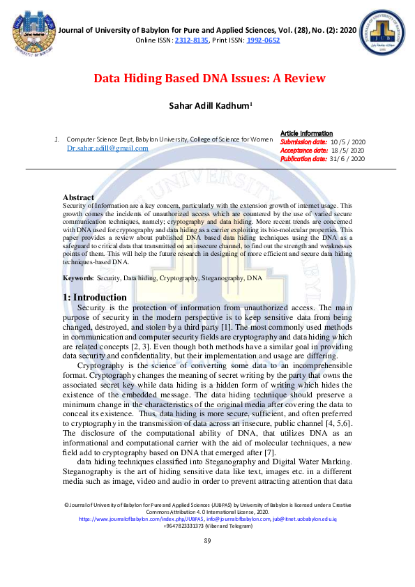 (PDF) Data Hiding Based DNA Issues: A Review