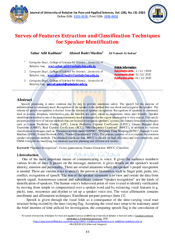 (PDF) Survey of Features Extraction and Classification Techniques