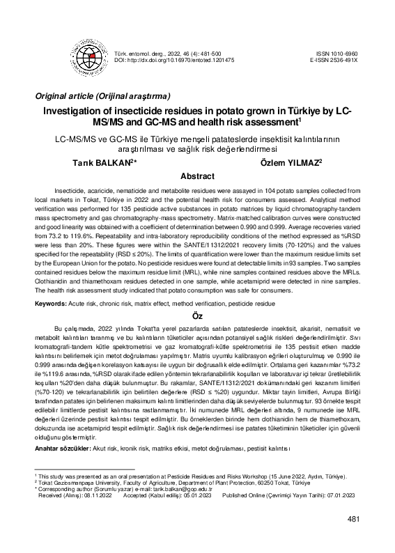 (PDF) Insecticide Residues in Turkish Potatoes: Health Risk Assessment
