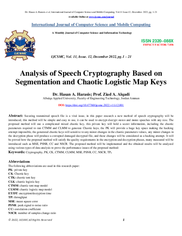 (PDF) Analysis of Speech Cryptography Based on Segmentation and Chaotic Logistic Map Keys