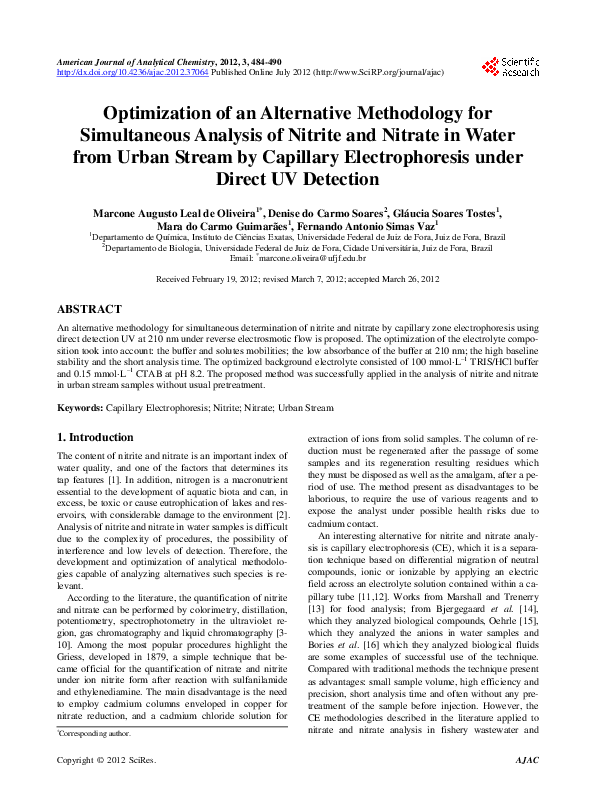 Pdf Optimization Of An Alternative Methodology For Simultaneous Analysis Of Nitrite And