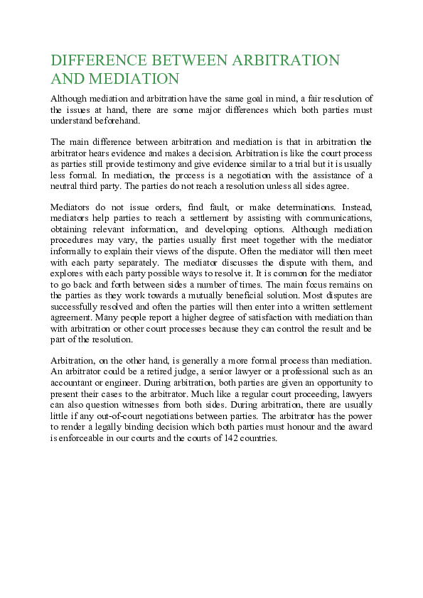 Doc Difference Between Arbitration And Mediation