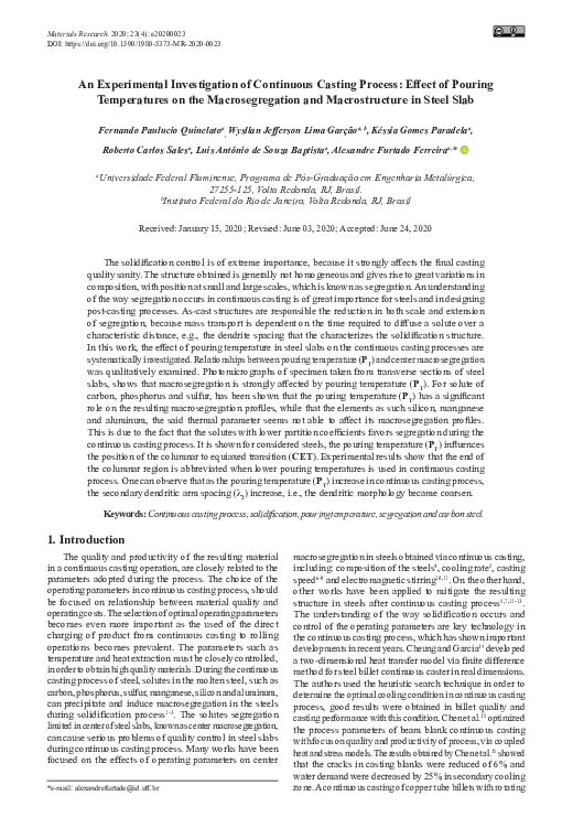 Pdf An Experimental Investigation Of Continuous Casting Process Effect Of Pouring