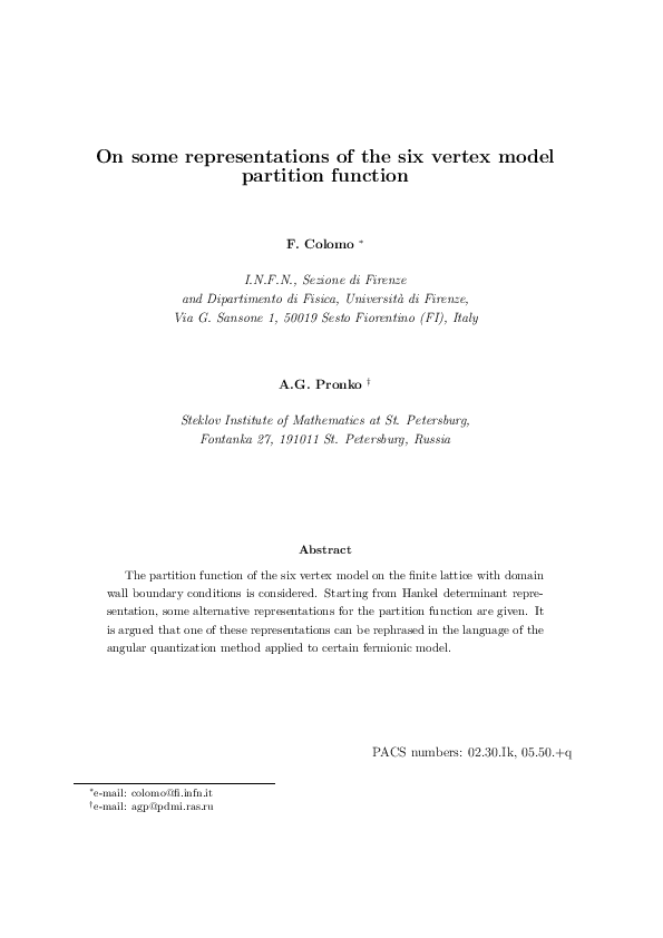 (PDF) On some representations of the six vertex model partition function