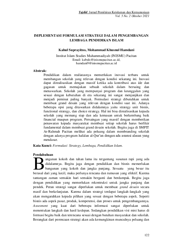 (PDF) Implementasi Formulasi Strategi Dalam Pengembangan Lembaga Pendidikan Islam