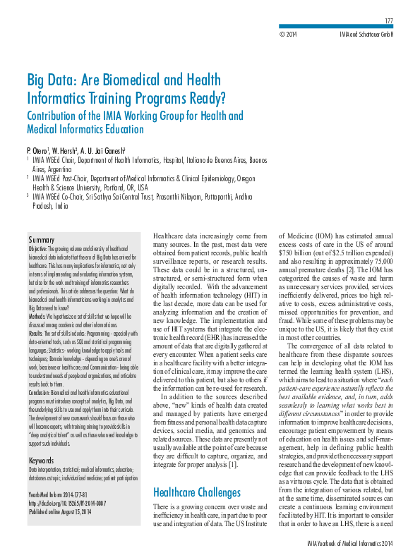 (PDF) Big Data: Are Biomedical and Health Informatics Training Programs Ready?