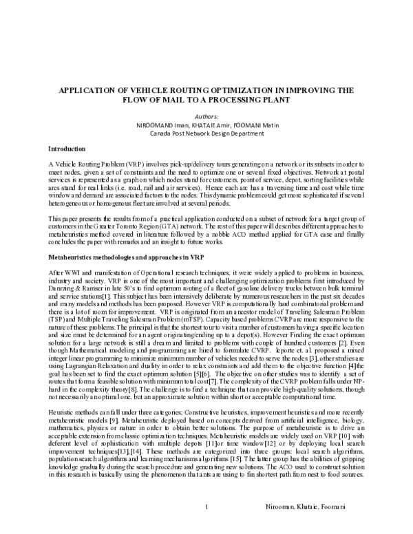 (PDF) Application of Vehicle Routing Optimization in Improving the Flow of Mail to a Processing ...