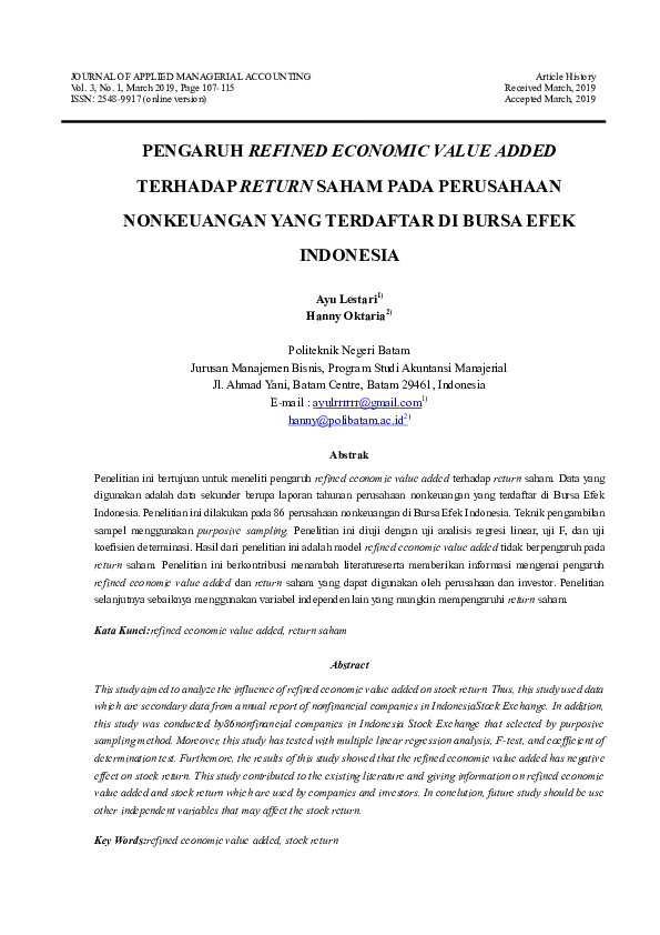 (PDF) Pengaruh Refined Economic Value Added Terhadap Return Saham Pada ...