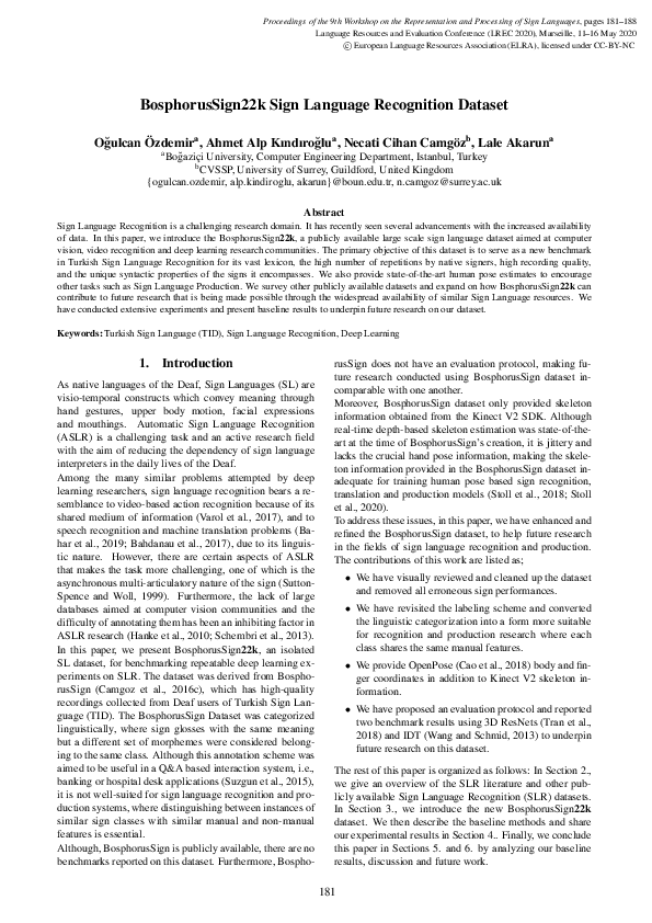 (PDF) BosphorusSign22k Sign Language Recognition Dataset