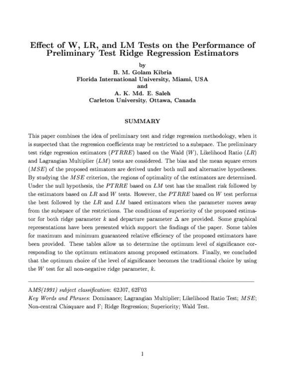 Pdf Effect Of W Lr And Lm Tests On The Performance Of Preliminary Test Ridge Regression