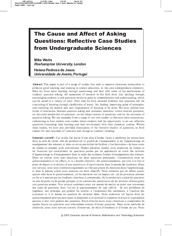 (PDF) The cause and affect of asking questions: Reflective case studies ...