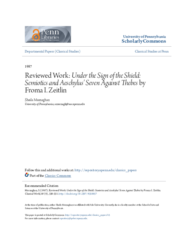 (PDF) Reviewed Work: \u3cem\u3eUnder the Sign of the Shield: Semiotics ...