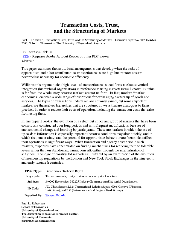 (PDF) Transaction Costs, Trust, and the Structuring of Markets