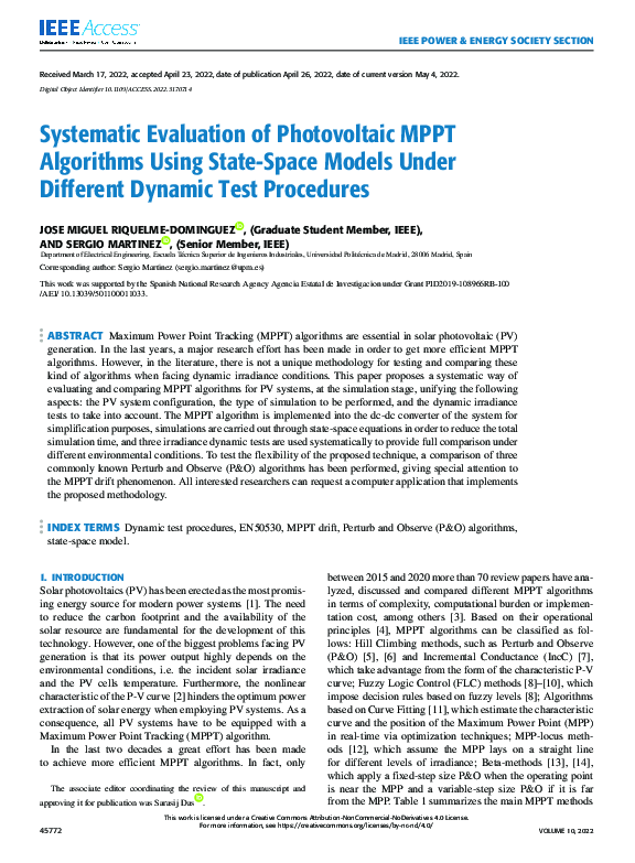 Pdf Systematic Evaluation Of Photovoltaic Mppt Algorithms Using State Space Models Under