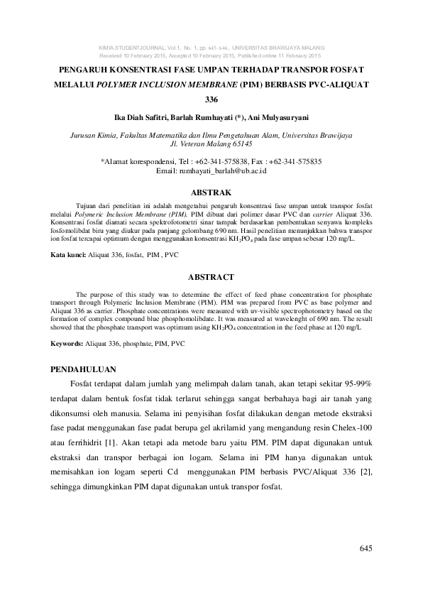 (PDF) Pengaruh Konsentrasi Fase Umpan Terhadap Transpor Fosfat Melalui Polymer Inclusion ...