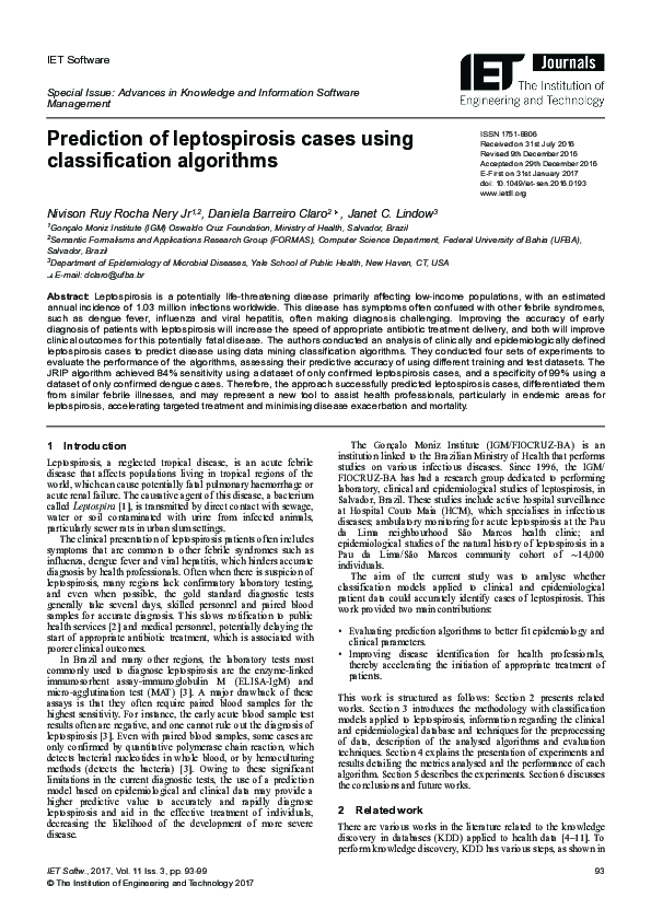 (PDF) Prediction of leptospirosis cases using classification algorithms