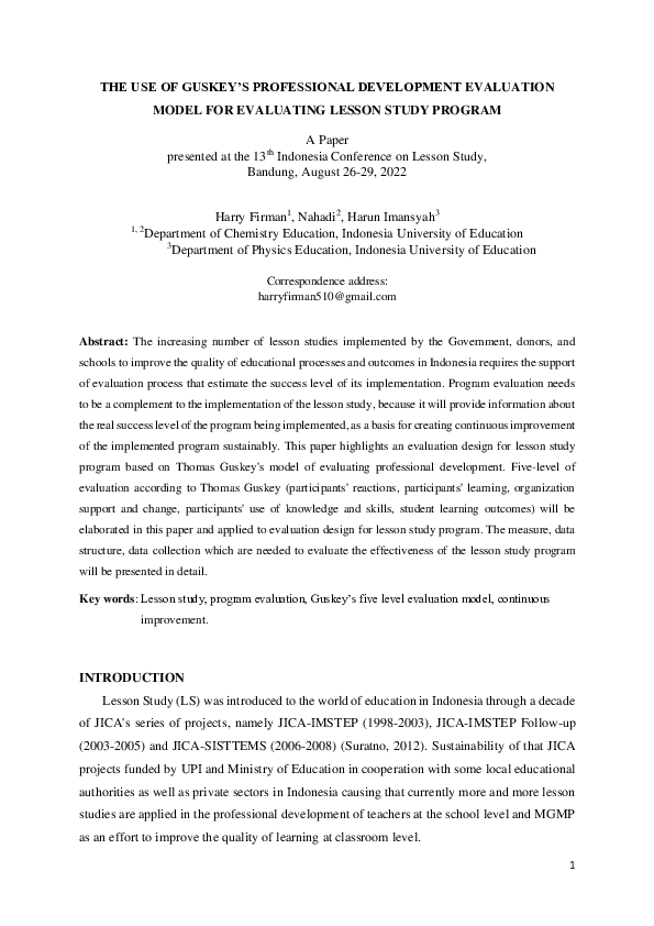 (PDF) THE USE OF GUSKEY'S PROFESSIONAL DEVELOPMENT EVALUATION MODEL FOR ...