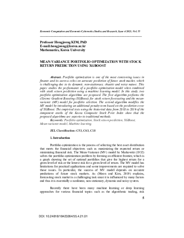 Pdf Mean Variance Portfolio Optimization With Stock Return Prediction Using Xgboost